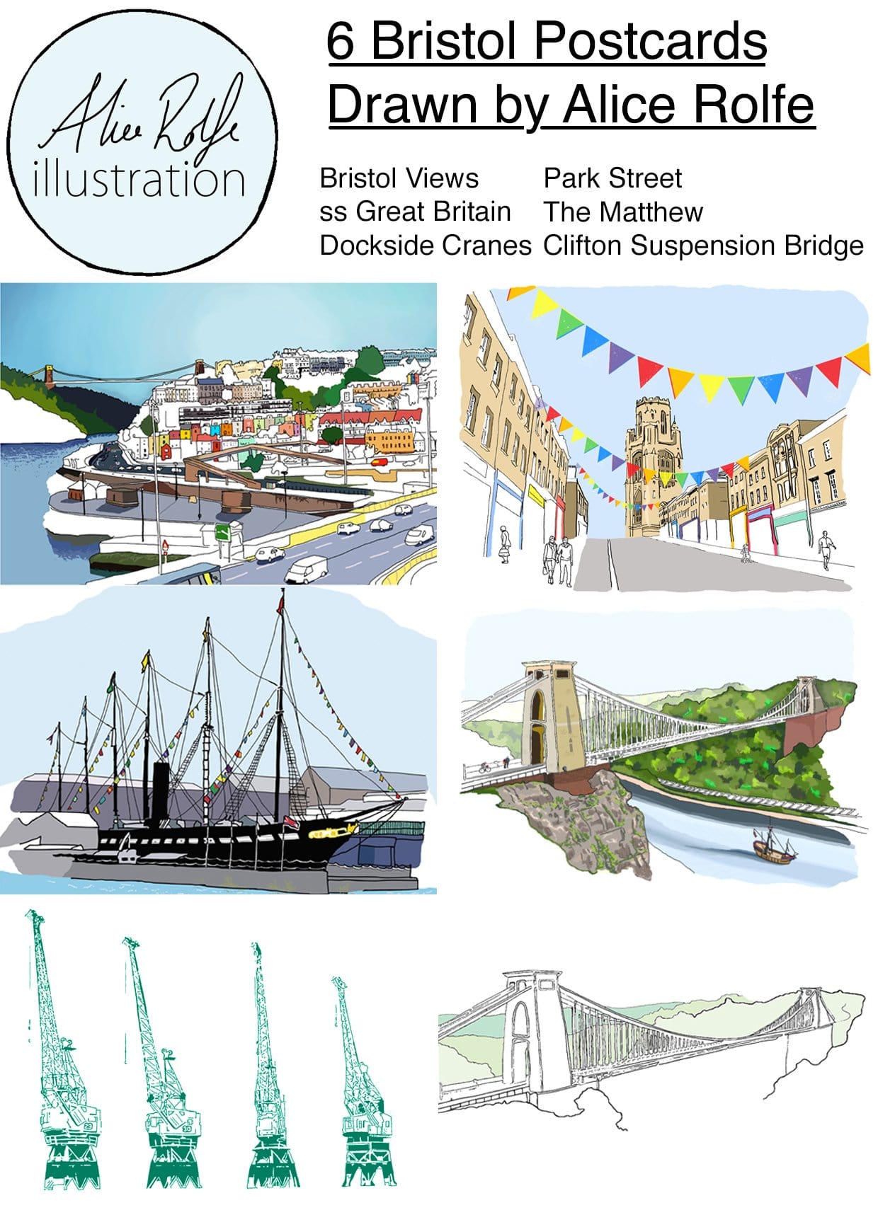 Set of 6 Bristol Drawing Postcards – Paper Plane Bristol